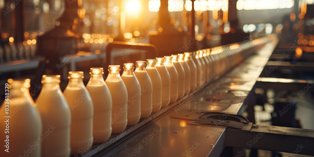Bottles of milk on a conveyor belt in a dairy processing plant ...