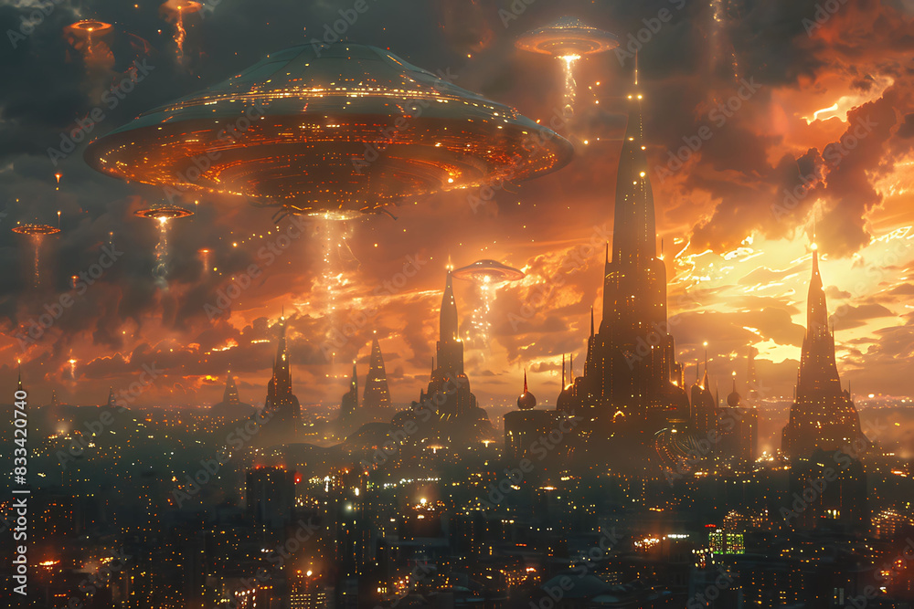 chaotic scene of alien invasion multiple spacecraft descending ...