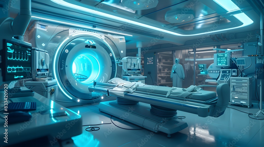Illustrate a futuristic diagnostic lab with advanced imaging ...