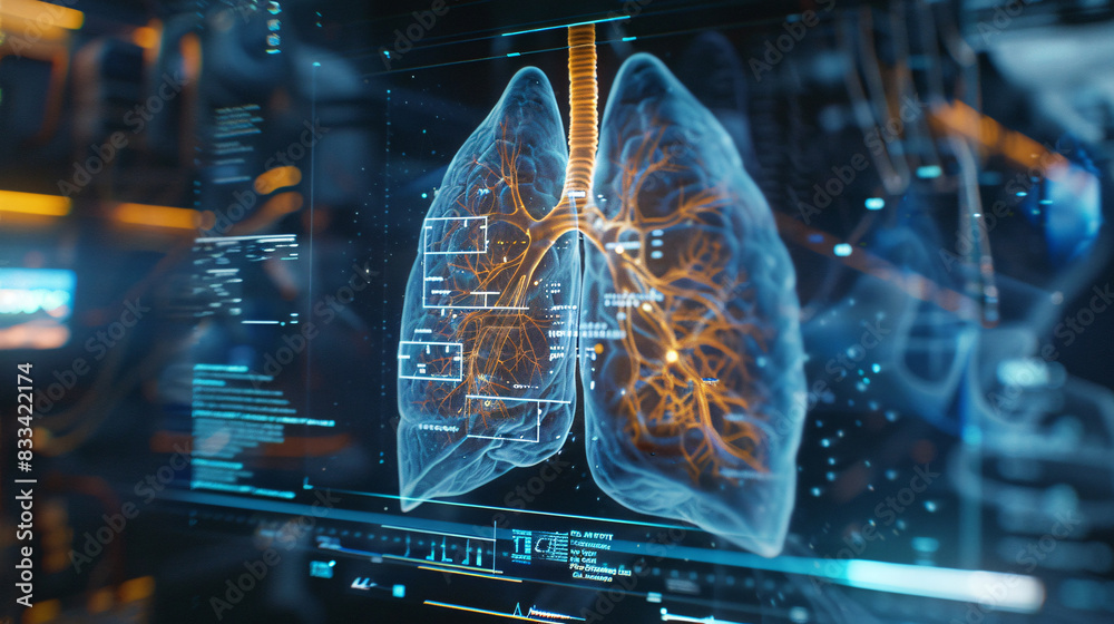 A computer monitor displays a close up of a human lung. The image is in ...