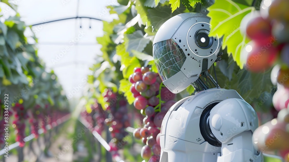 Illustrate a futuristic vineyard where robots prune vines and harvest grapes, while sensors ...