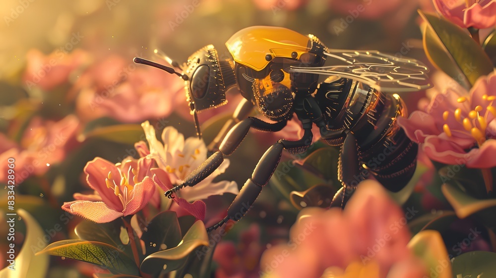 Illustrate a robotic bee pollinating flowers in a futuristic orchard ...