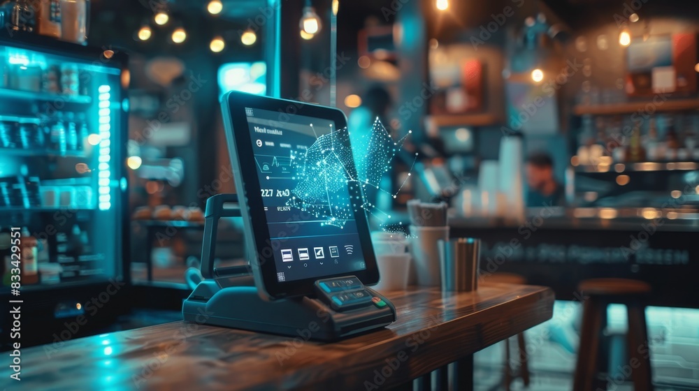 Modern POS system on a wooden counter in a dimly lit cafe with a ...