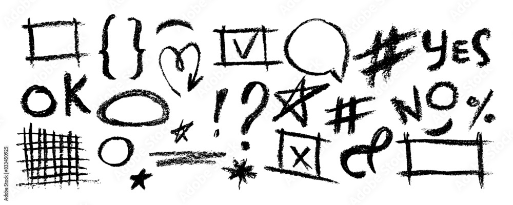 Charcoal graffiti doodle punk and girly shapes collection. Hand drawn ...