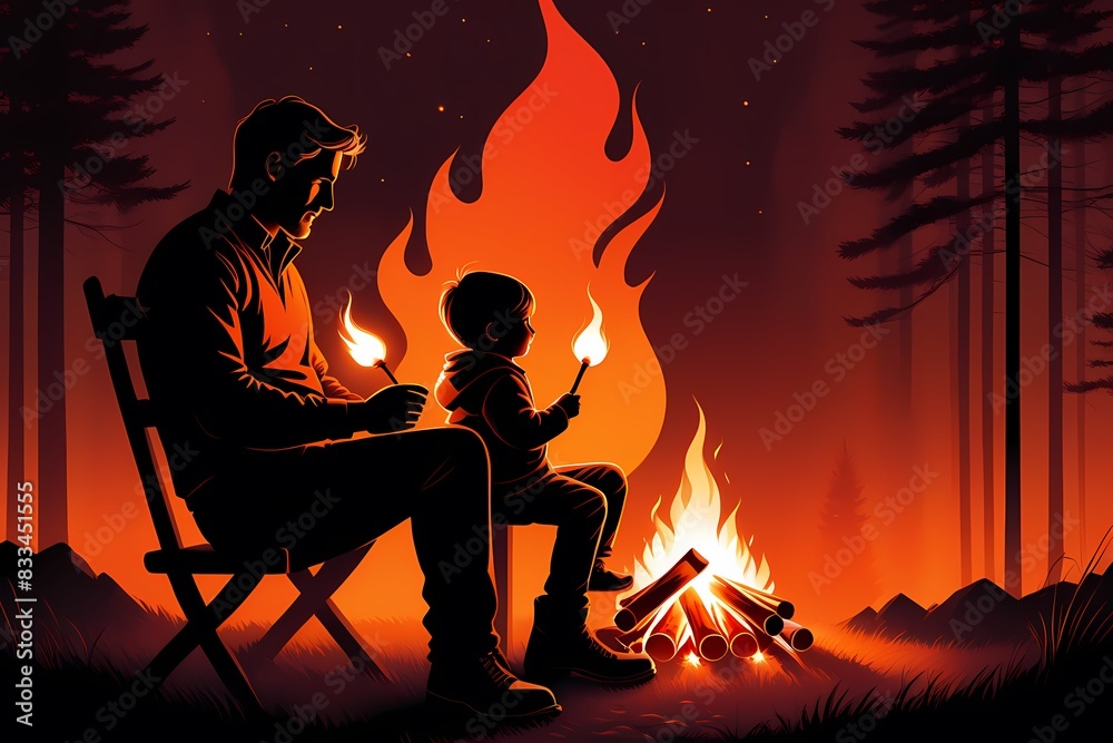 Father and son sitting on the fire, Father's day illustration Stock ...