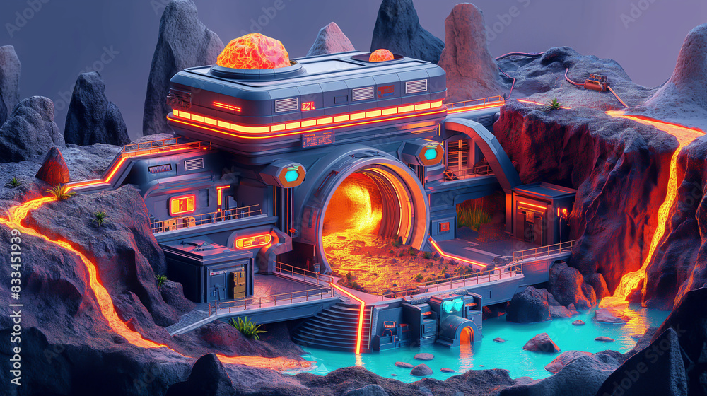 Futuristic sci-fi bunker base on alien planet with volcanic landscape ...