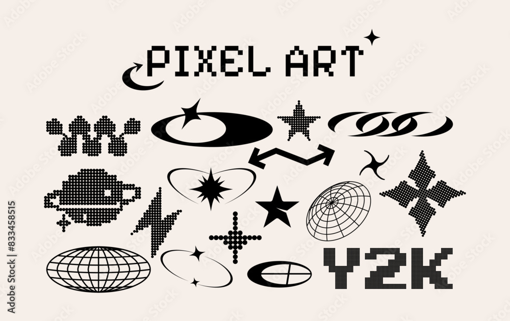 Pixel art figures in abstract form. Y2k shapes. Games are 8 bit. Arcade ...