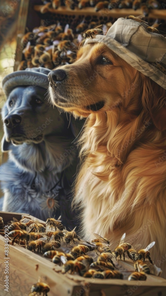 At a bustling bee farm a Golden retriever and blue Maine Coon wear tiny ...