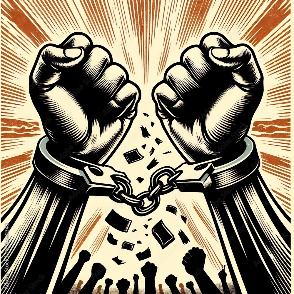 Hands breaking chain shackle handcuffs in a vintage woodcut revolution ...