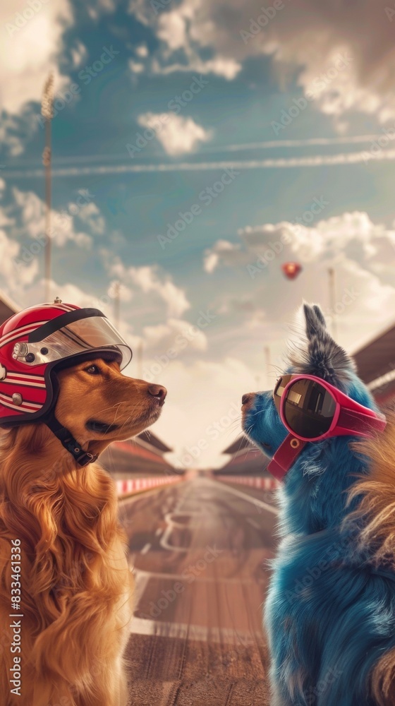 At a famous racetrack a Golden retriever and blue Maine Coon watch cars ...