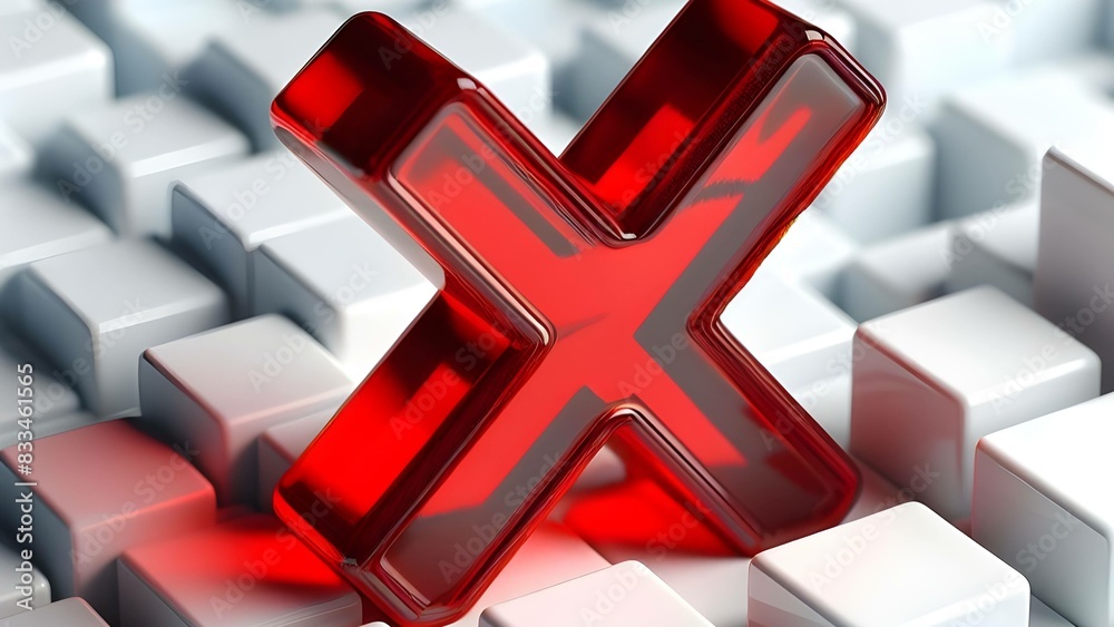 3d render of red glass model of false signender of glass check mark ...