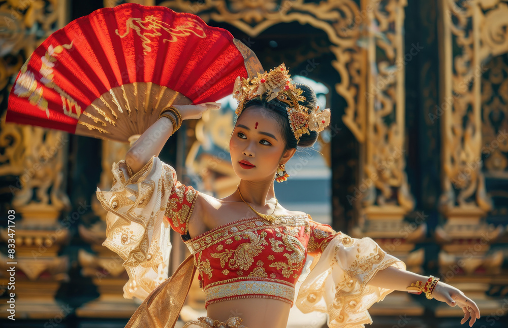 an Indonesian dancer in traditional attire, performing the energetic K ...