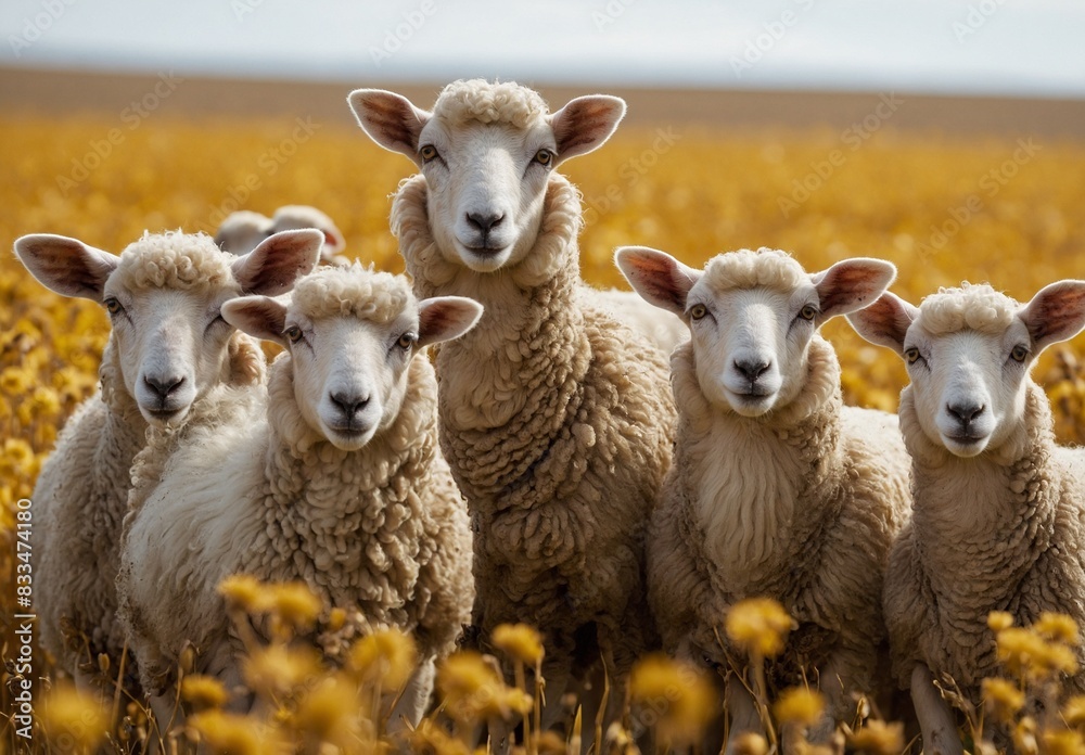 In a gold field, sheep form observant clusters, emphasising ideas of ...