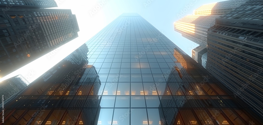 Tilted angle view, modern glass skyscraper, sleek lines, photorealistic ...
