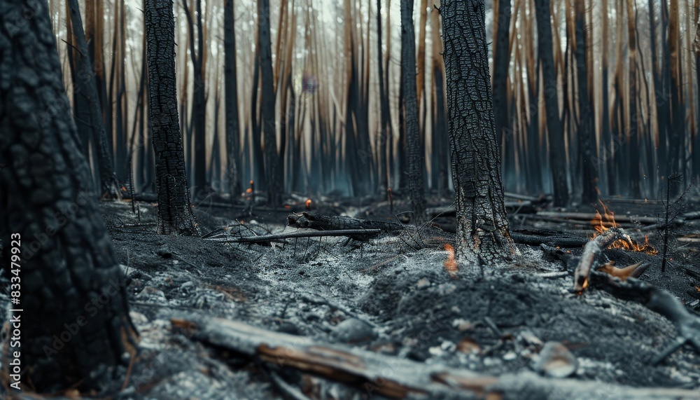 Scorched forest aftermath of wildfire, charred trees standing amidst ...