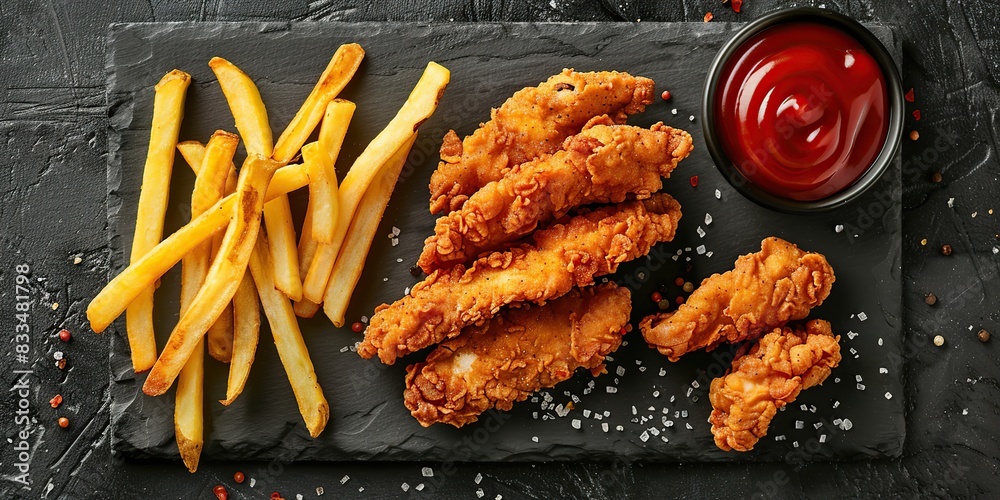 BBQ fried chicken nuggets with tomato, sour sauce. Top view of tasty ...