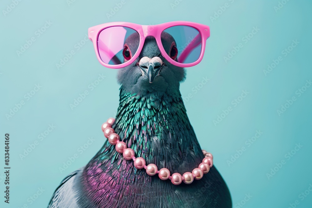 Dove with a elegant pink sunglasses on a solid studio light blue cyan ...