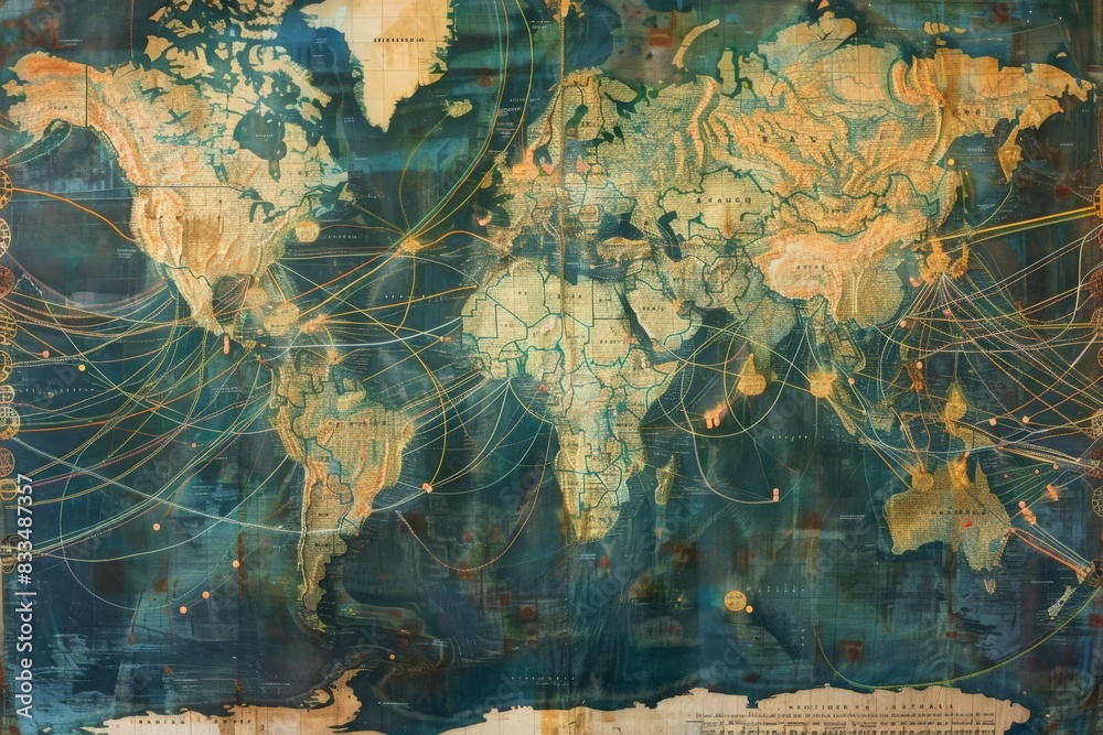 A detailed map showing major global shipping routes, with pins marking ...