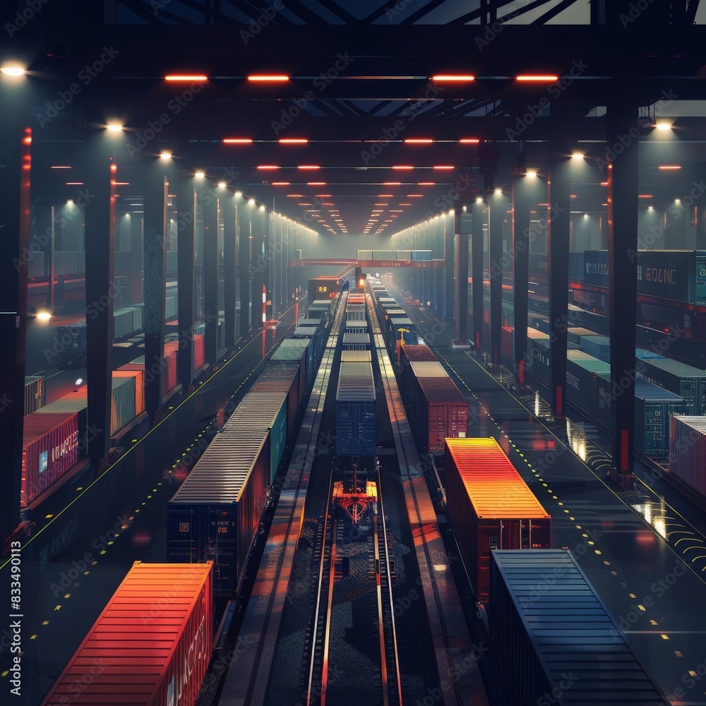 Containers being transferred between ships and trains at an intermodal ...