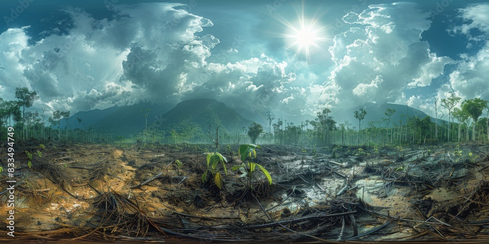 ภาพประกอบสต็อก An immersive 360-degree panorama of deforestation in the ...