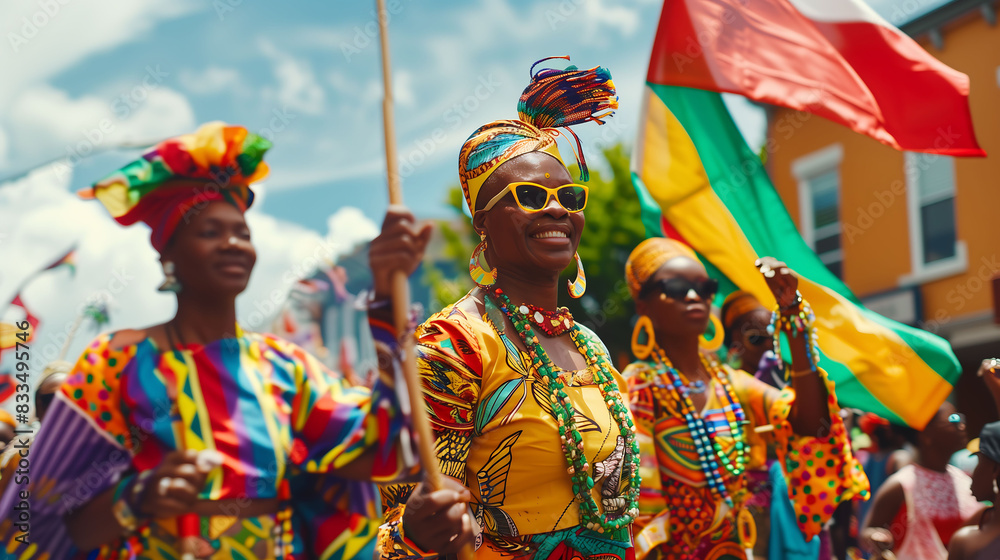 A vibrant Juneteenth parade with people dressed in bright traditional ...