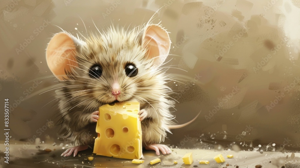 Whimsical depicting a cheeky mischievous mouse nibbling on a piece of ...