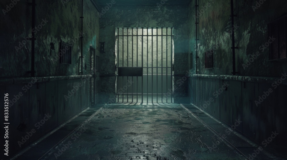 A view through the bars of the prisoner's cell doors, reveals a small ...