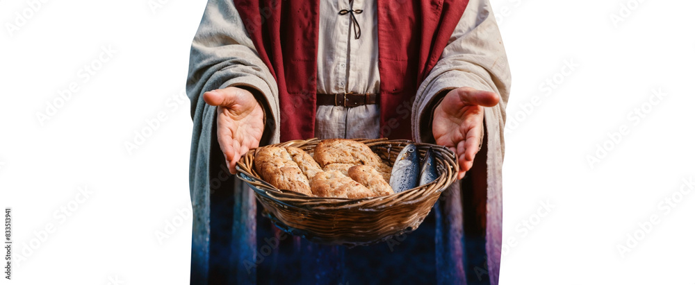 Jesus Christ miracle concept. Jesus multiplying the 5 loaves of bread ...