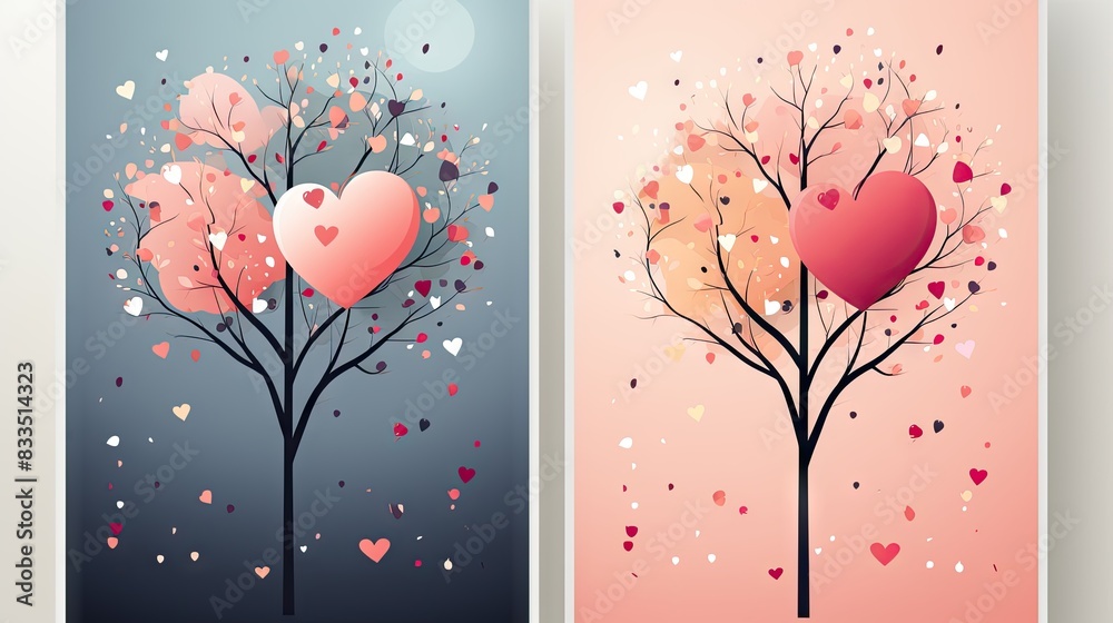 Stylized vector illustration of two trees with heart-shaped leaves and ...