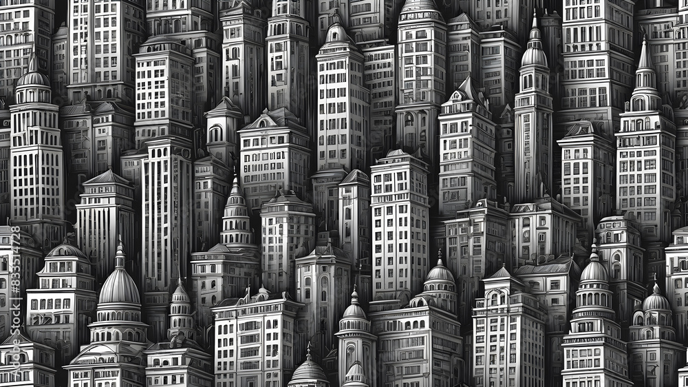 City Seamless Pattern is hand drawing of different building typologies ...