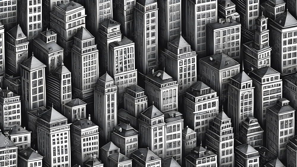 City Seamless Pattern is hand drawing of different building typologies ...