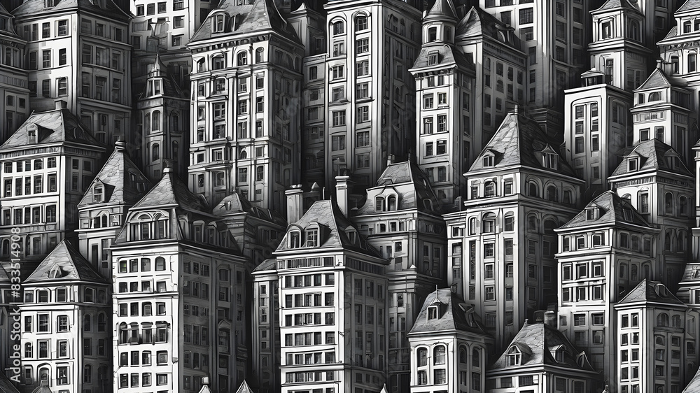 City Seamless Pattern is hand drawing of different building typologies ...