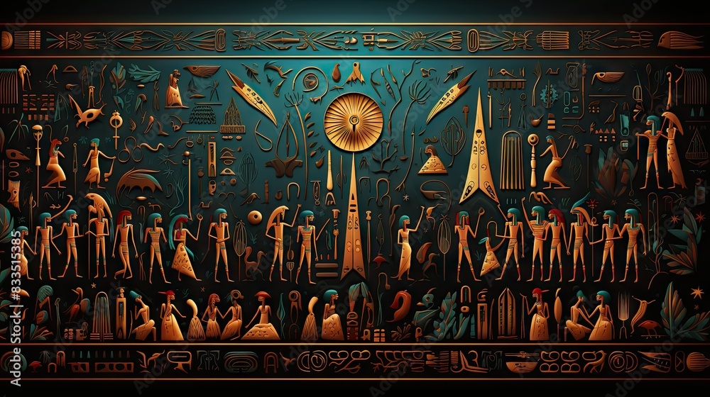 Ancient Egyptian-inspired art features an array of hieroglyphs and ...