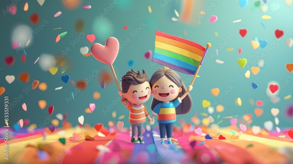 Cartoon couple holding rainbow flags and smiling. happy and celebratory ...