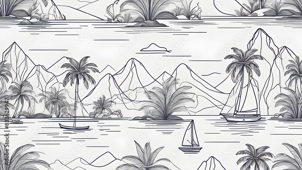 One line drawing tropical oasis island seamless pattern. Abstract ...