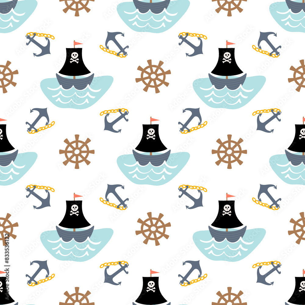 Seamless pirates illustration pattern. Sea background with steering ...