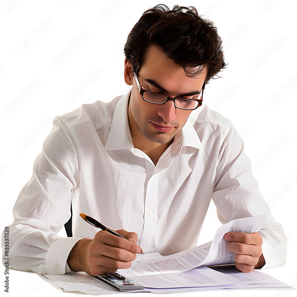 Accountant calculating electronic invoice or e bill isolated on white ...