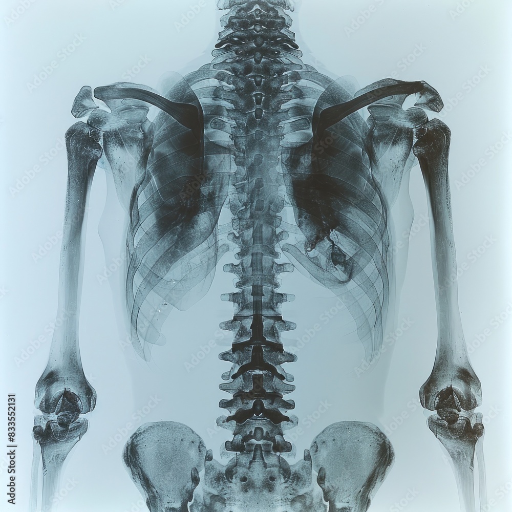 A detailed X-ray image showing the human skeletal system, focusing on ...