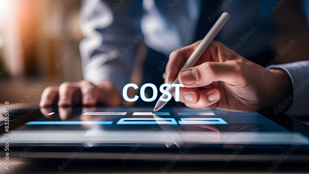 Cost reduction Concept. Businessman use laptop and holding graph with ...