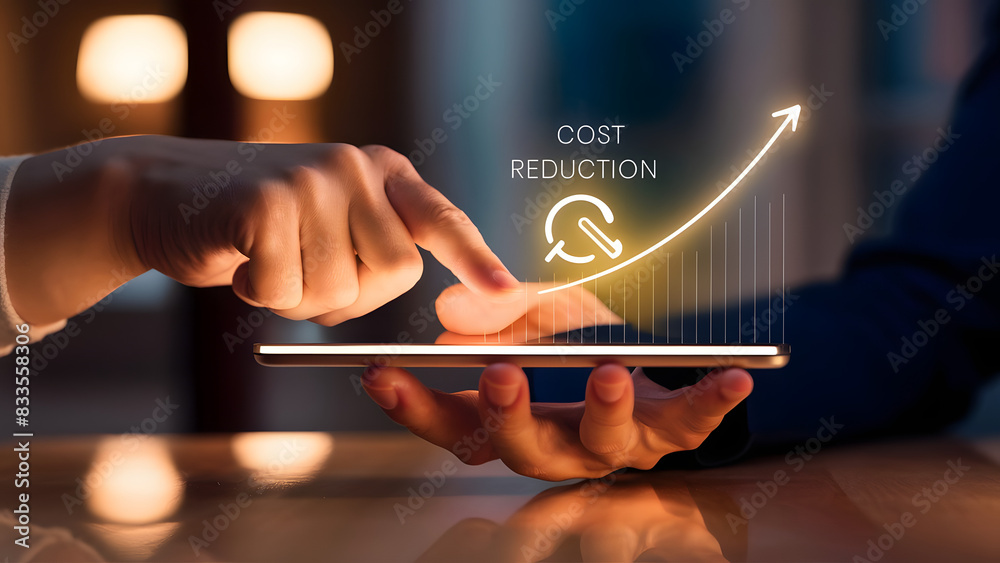 Cost reduction Concept. Businessman use laptop and holding graph with ...