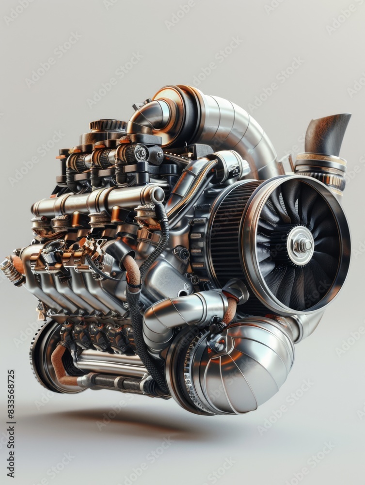 The image shows a highly detailed 3D rendering of a V8 engine with a ...
