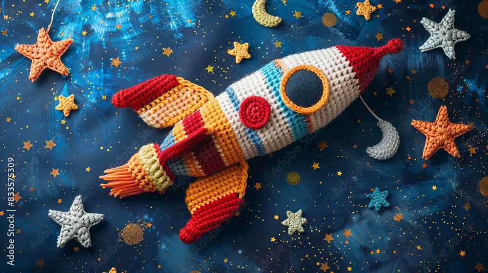 Cute rocket in space, stars and moon, knitted with colored wool ...