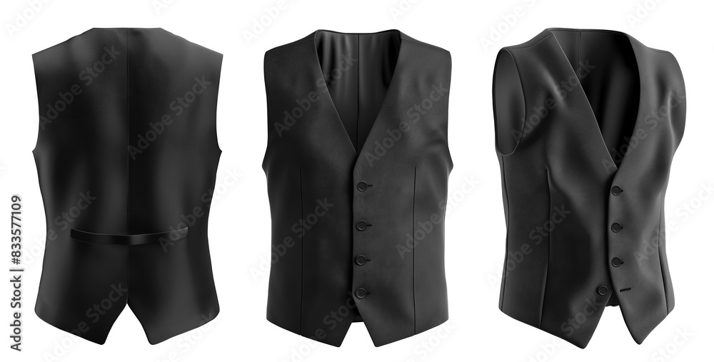 Set of black tailored smart suit vest button waistcoat coat, front back ...