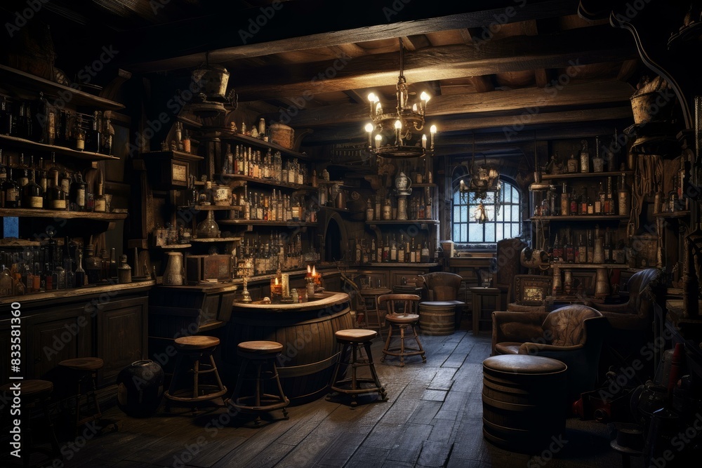 Inviting old-style pub with antique decor, lit by ambient chandeliers ...