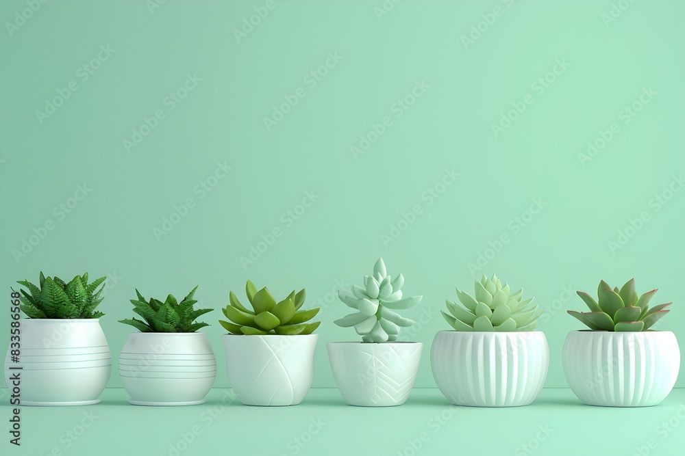 3D render of cute potted succulents arranged in a row on a green ...