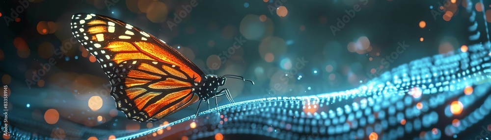 Digital Transformation A 3D butterfly emerging from a glowing digital ...