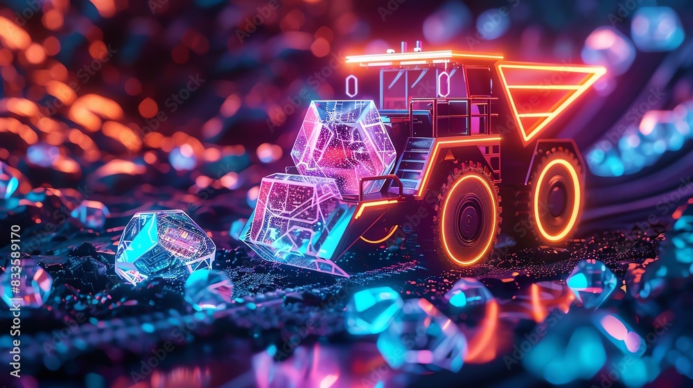 Data Mining A 3D mining rig extracting glowing data gems from the ...