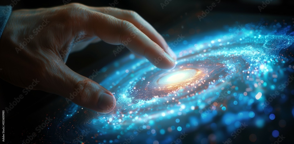 person hand touching glowing digital hologram of universe and galaxy ...