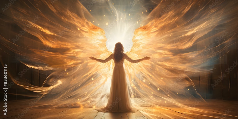 A radiant celestial being with wings that display the wonders of the ...