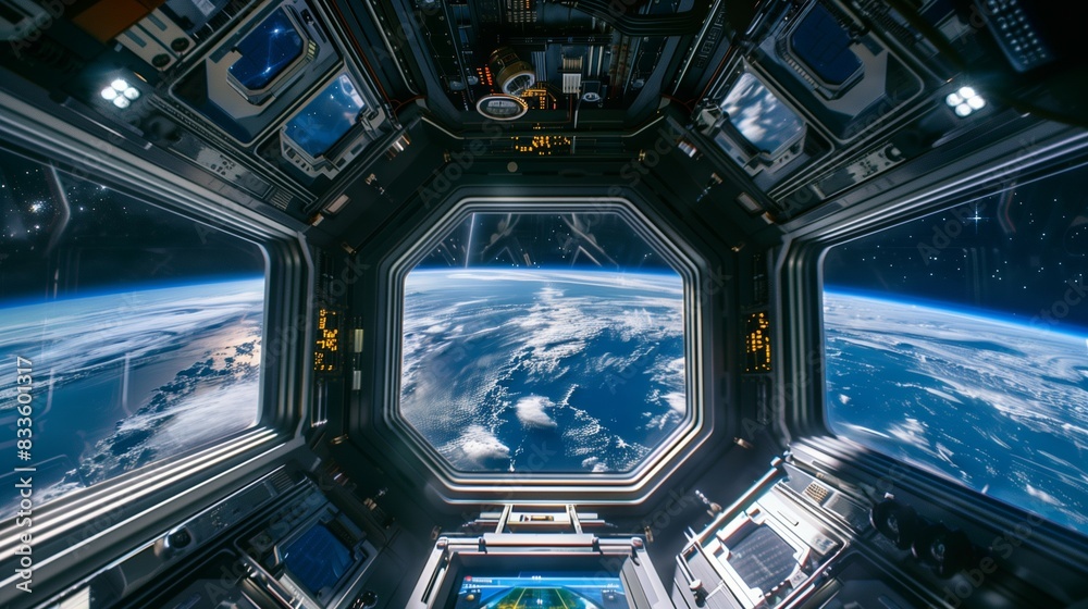 spaceship window with sunrise over planet view, space station porthole ...